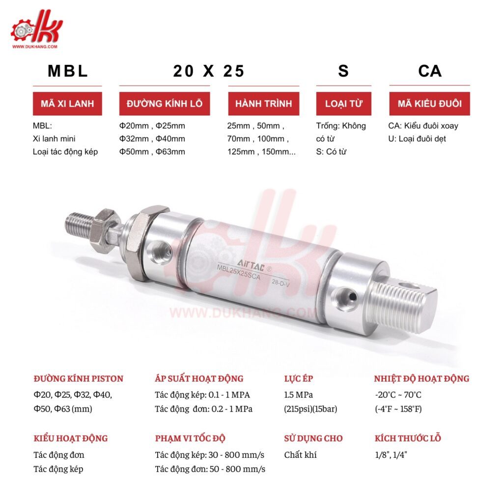 Xi lanh hơi tròn AIRTAC MBL 20 25 32 40 50 63 - Vật tư công nghiệp - Dủ ...