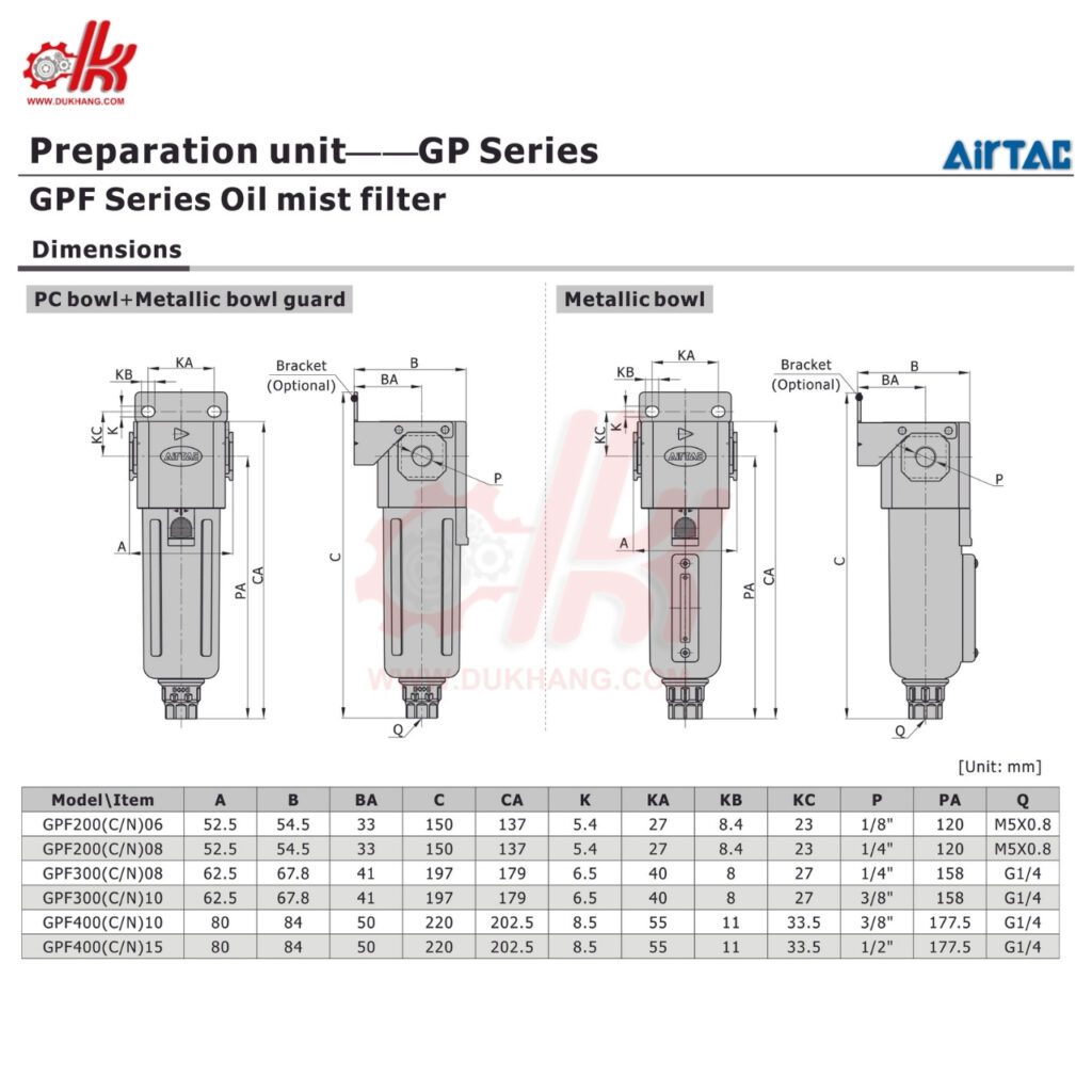 Bộ lọc khí nén AIRTAC GPF200 GPF300 GPF400 - Vật tư công nghiệp - Dủ Khang